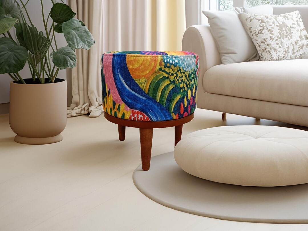 Colorful Round Pouf, Vanity Footstool, Wood Work Pouf, Artwork Pouf ...