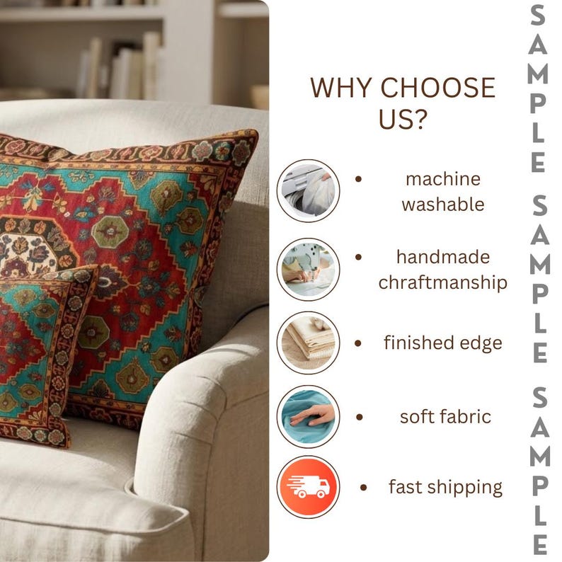 Rust Red Lumbar Pillow Cover With Teal Medallion Print for Sofa Decor ...