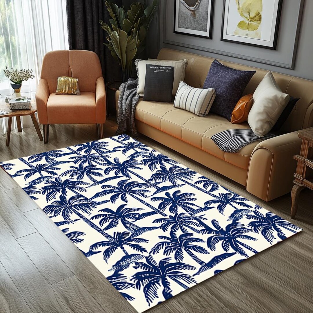 Coastal Rug, Tree Printed Rug, Blue Color Rug, Bright Rug, Washable Rug ...