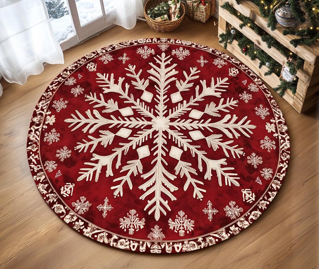 Snowflake Print Rug, Red Round Rug, Lovely Home Decoration, Stain ...