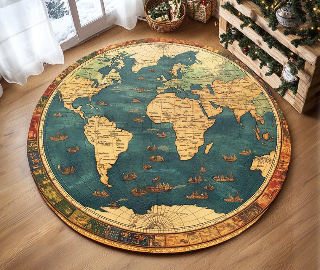 Earth Map Print Rug, Round Rug, Modern Rug, Non Slip Rug, Home ...