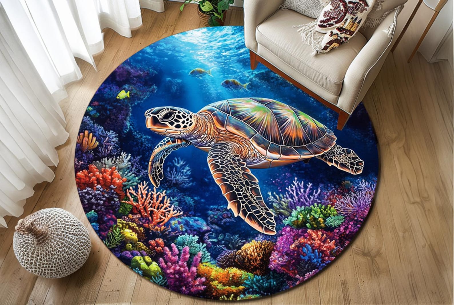 Ocean Themed Rug, Sea Turtle Print Rug, Round Rug, Pictorial Rug ...