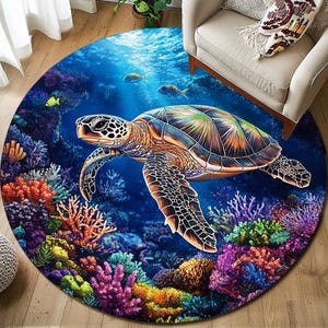 Ocean Themed Rug, Sea Turtle Print Rug, Round Rug, Pictorial Rug ...