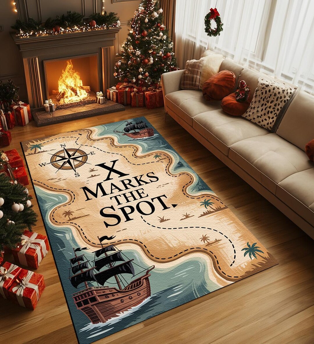 Pirate Theme Rug, Daily Use Rug, Nomadic Rug, Island Print Rug ...