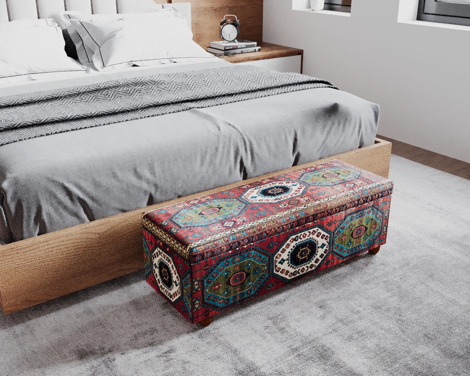 Vintage Kilim Storage Ottoman Bench – Red and Navy Upholstered Trunk ...