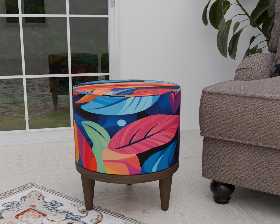Doorway Footstool, Housewarming Decor, Chic Round Pouf, Leaf Pattern ...