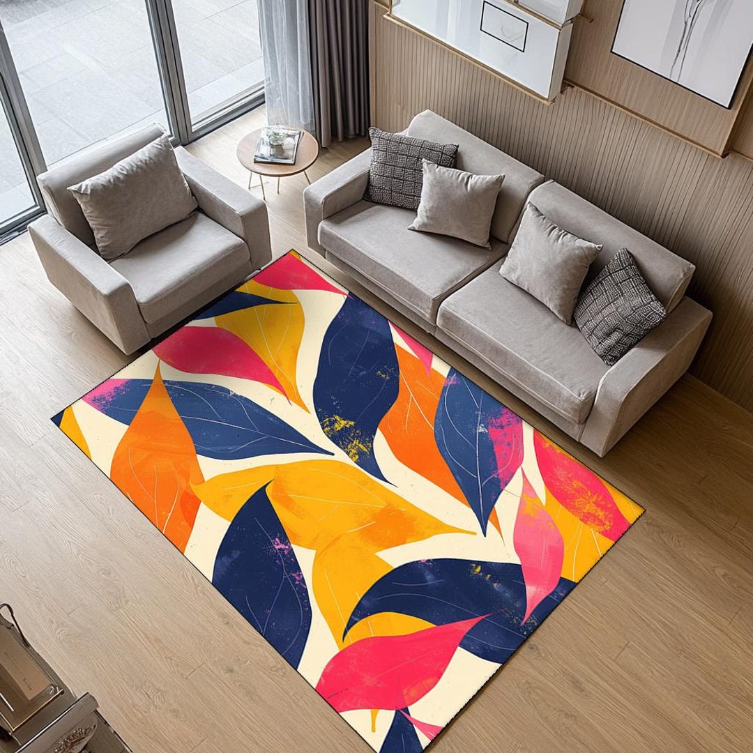 Retro Modern Rug, Leafy Runner Rug, Dorm Area Rug, Colorful Rug ...