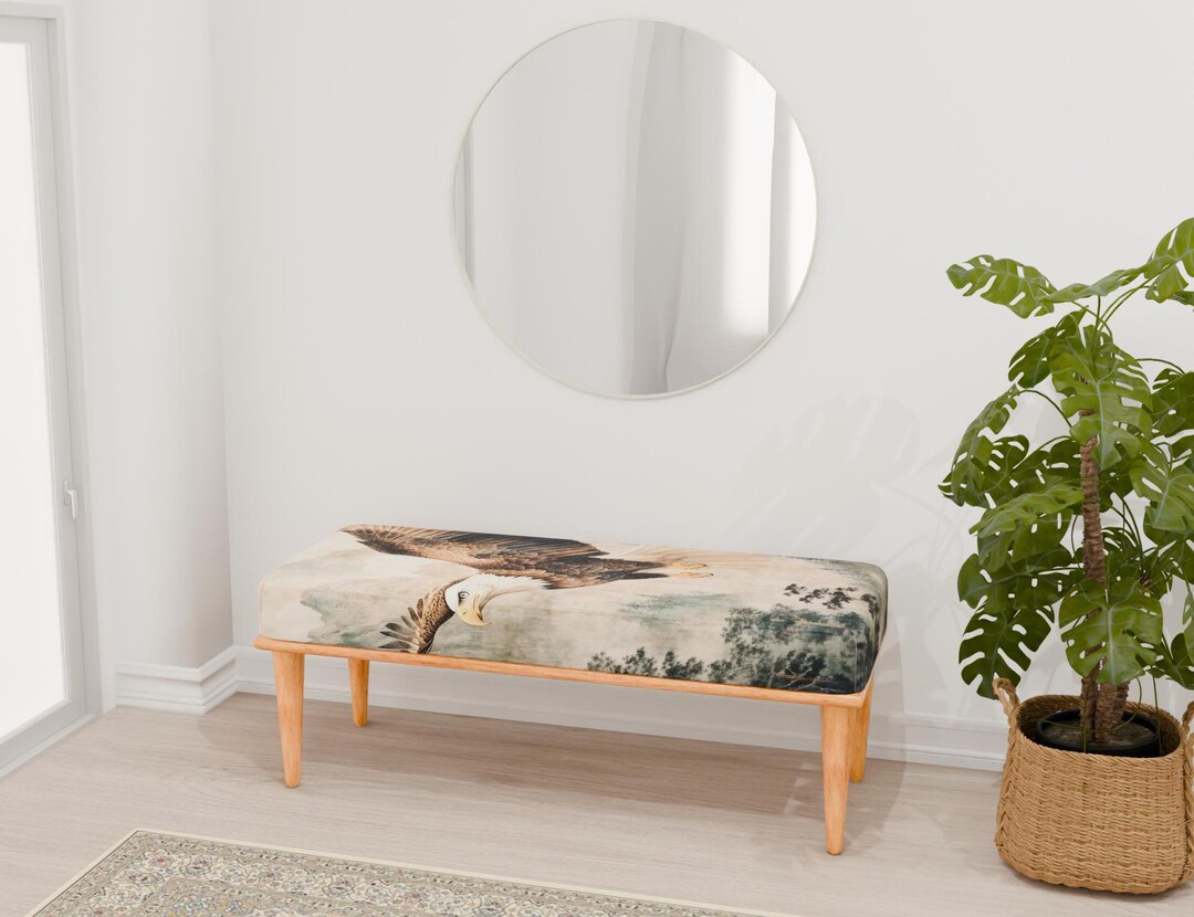 Neutral Bench, Farmhouse Bench, Eagle Print Bench, Handmade Pouf, Soft ...