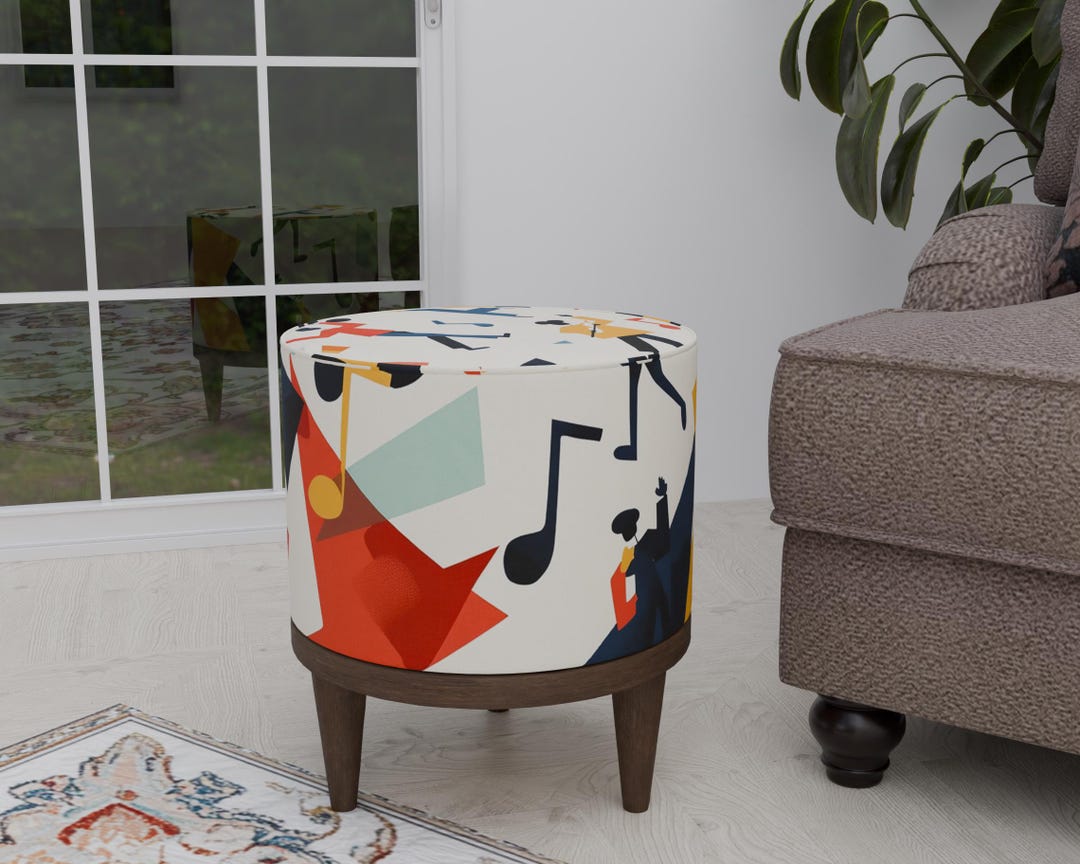 Musician print pouf, Colorful footstool, Soft cushioned seat, Round ...