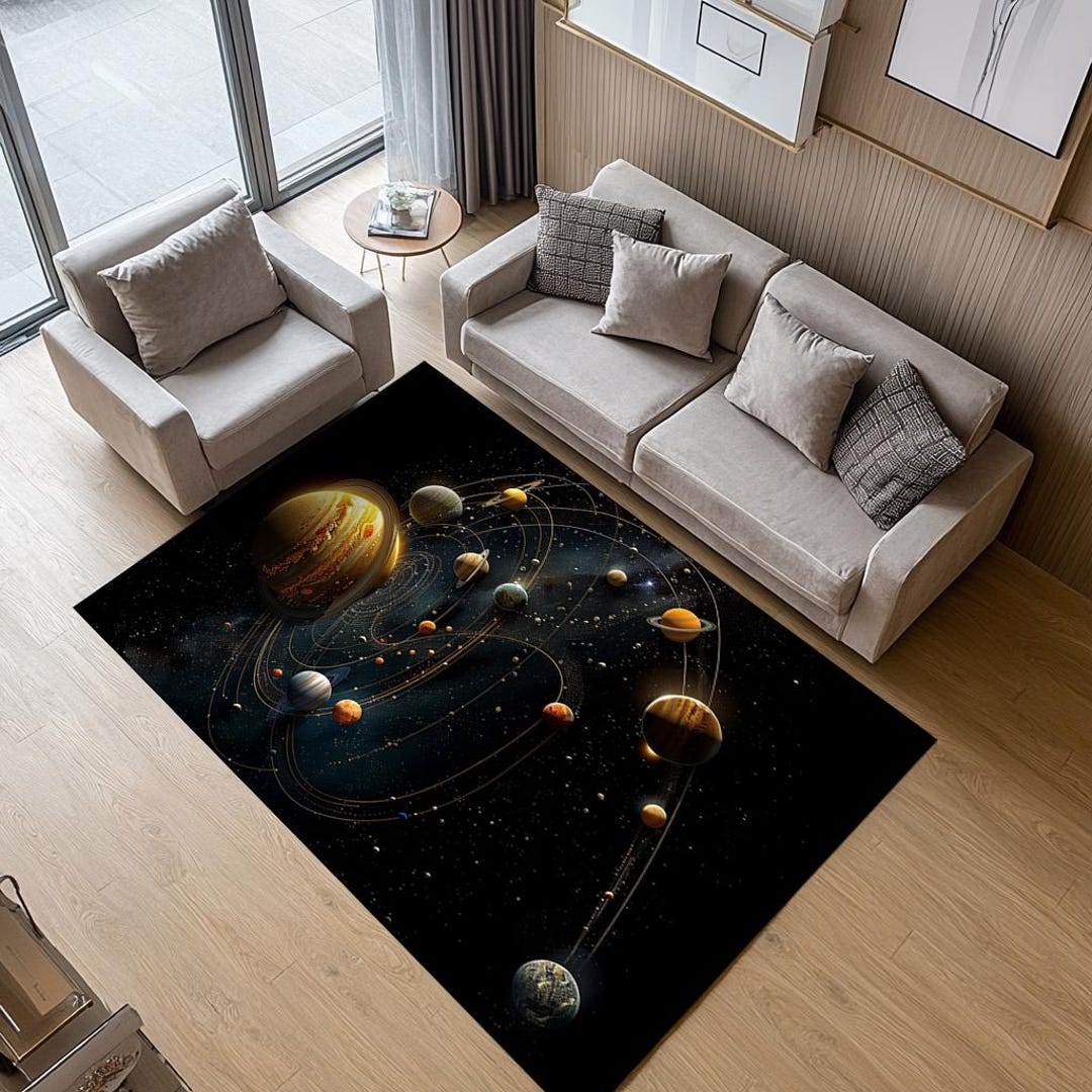Planets Print Rug, Space Design Rug, Low Pile Rug, Indoor Decorative ...