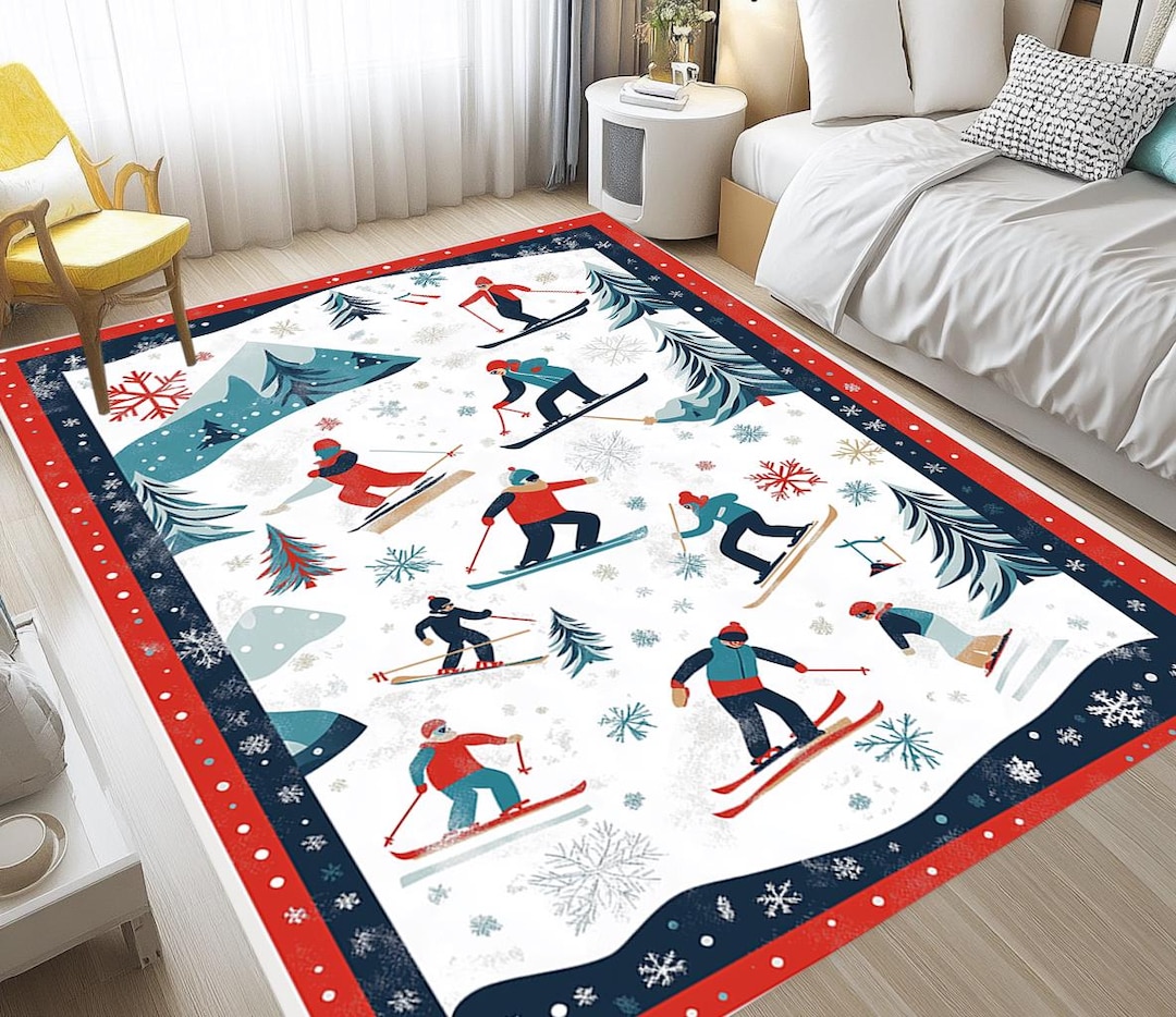 Winter Themed Rug, Ski Print Rug, Bright Runner Rug, Cool Rug, Anti ...