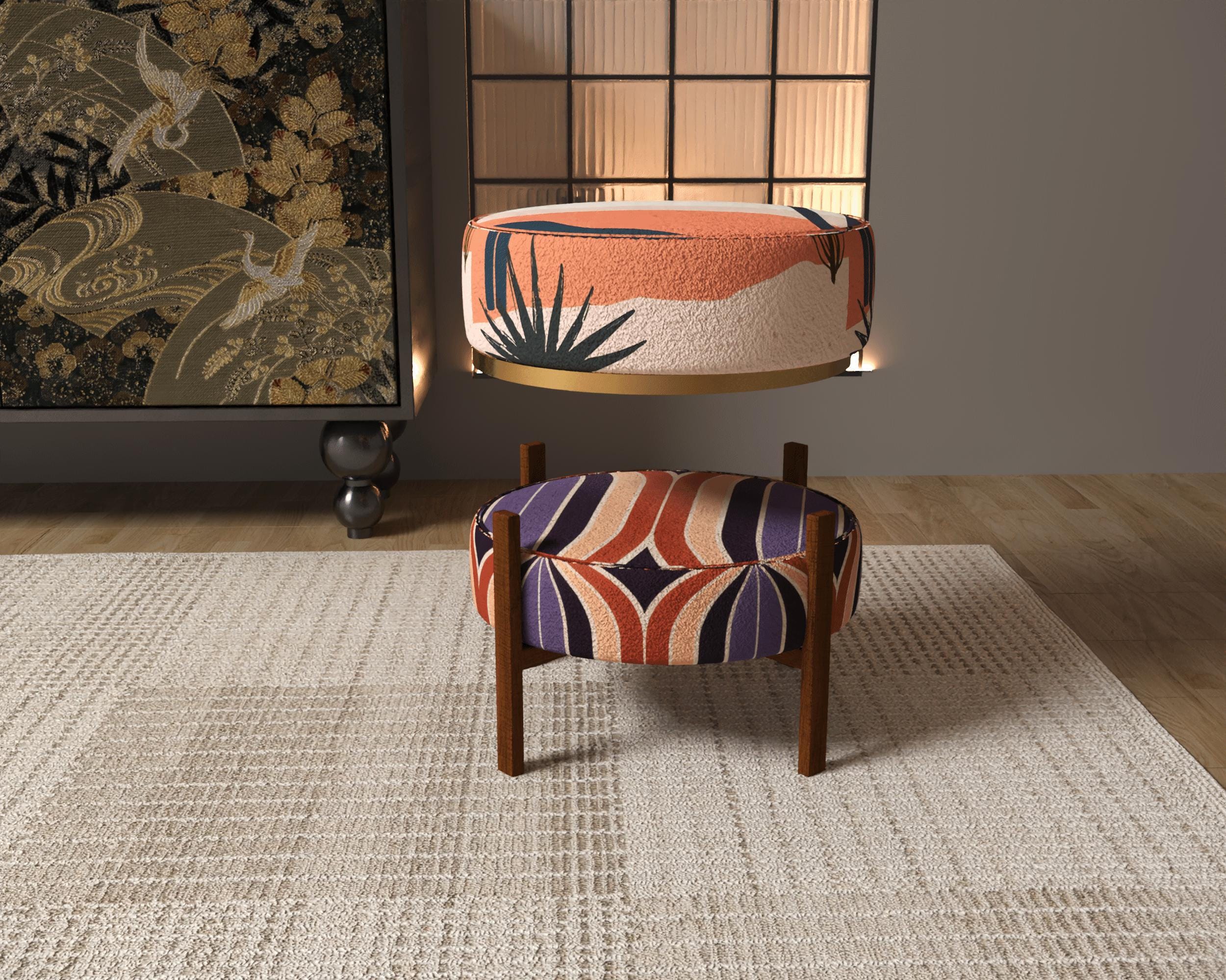 Abstract Desert Landscape Reversible Pouf | Retro Arch Wood Leg Ottoman ...