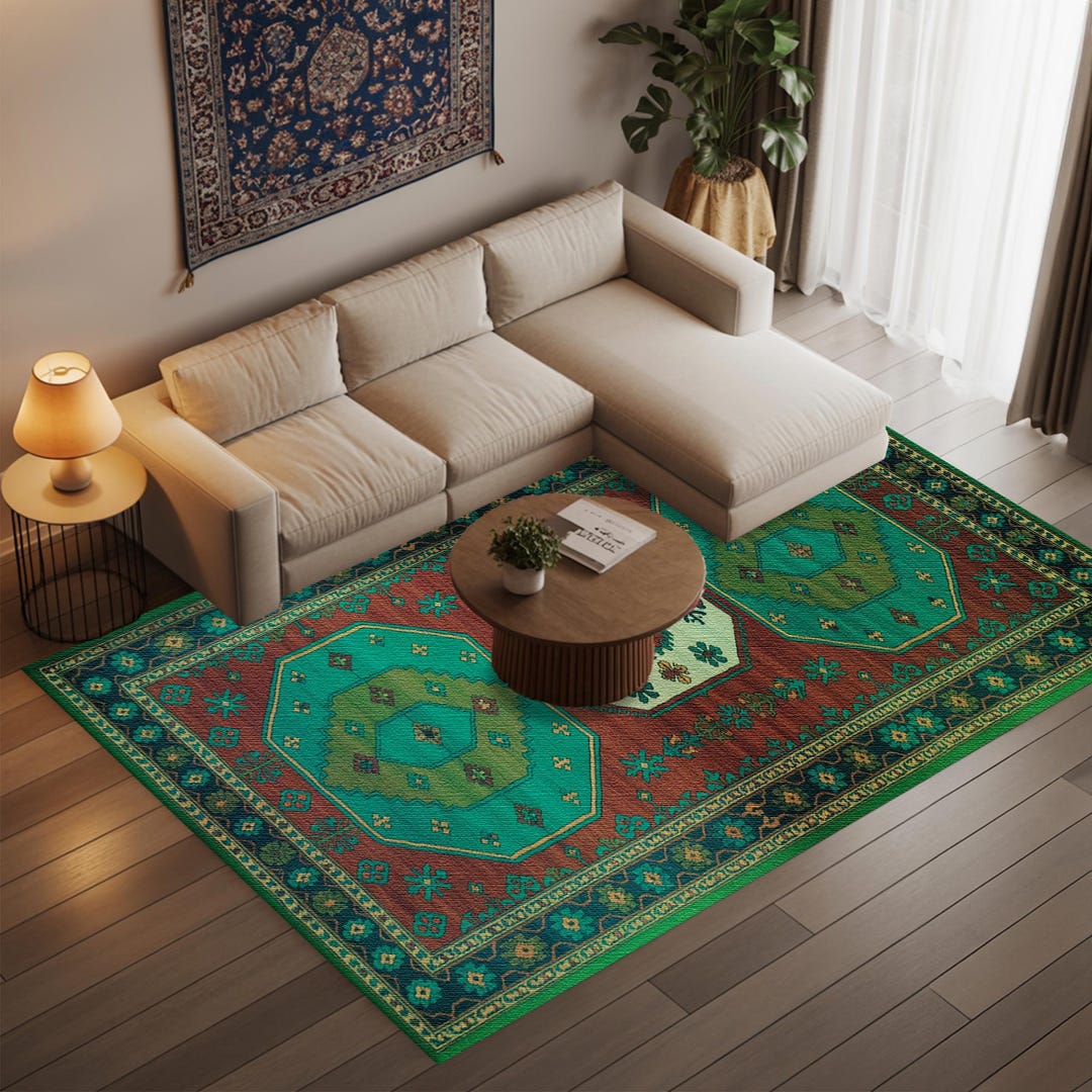Green and Rust Red Area Rug Features Tribal Medallion Pattern, RB-2251 ...