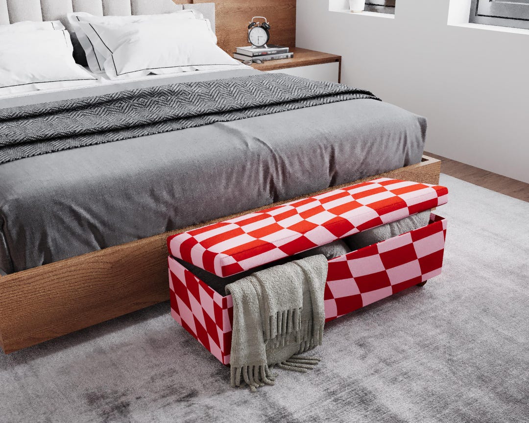 Red Checkered Storage Ottoman Bench: Upholstered End of Bed Seat RB ...