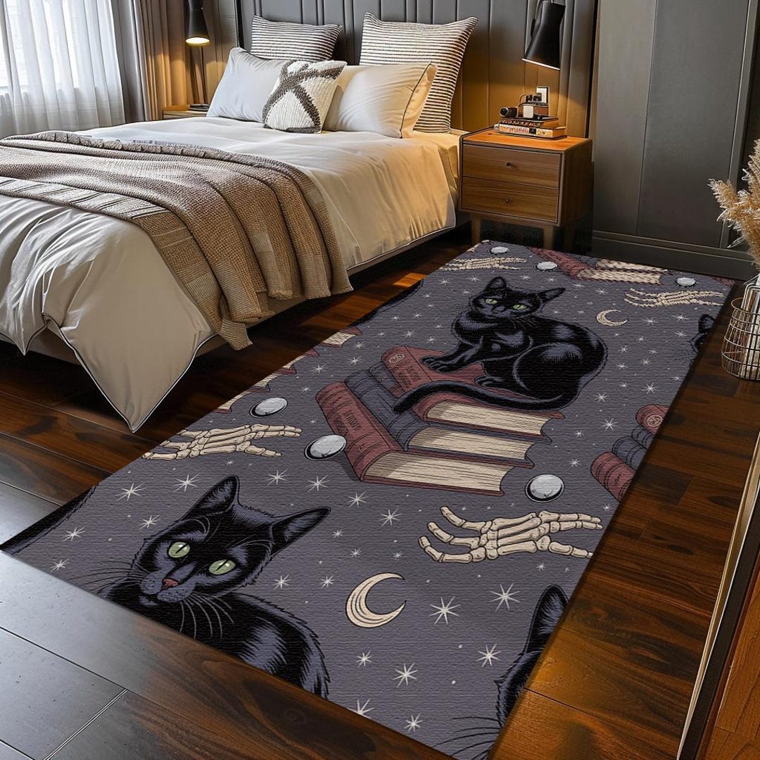 Gray House Rug, Black Cat Rug, Rug With Magic Book, Horror Theme Rug ...