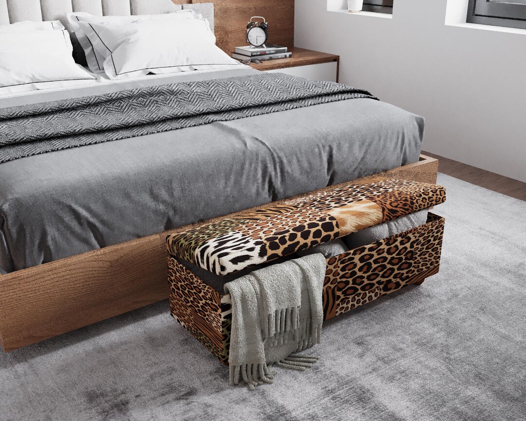 Animal Print Patchwork Storage Ottoman Bench, Bold Upholstered End of ...