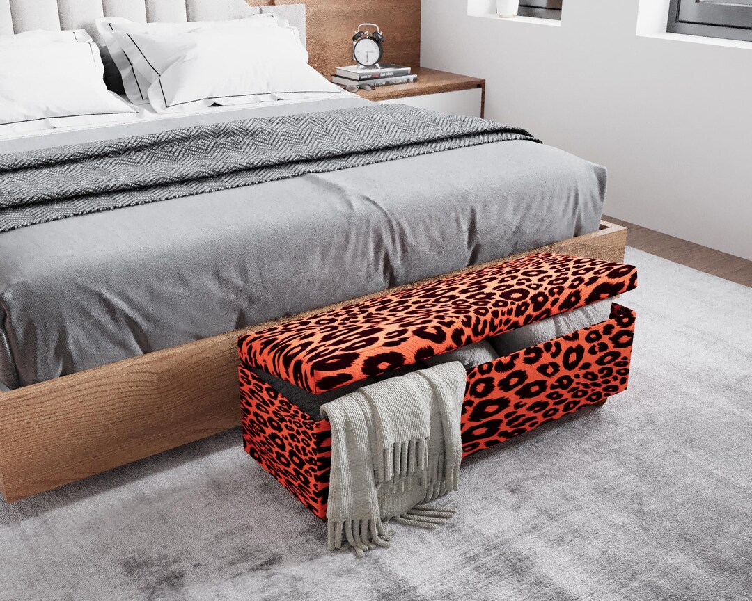 Bold Leopard Print Storage Ottoman Bench, Upholstered End of Bed Bench ...