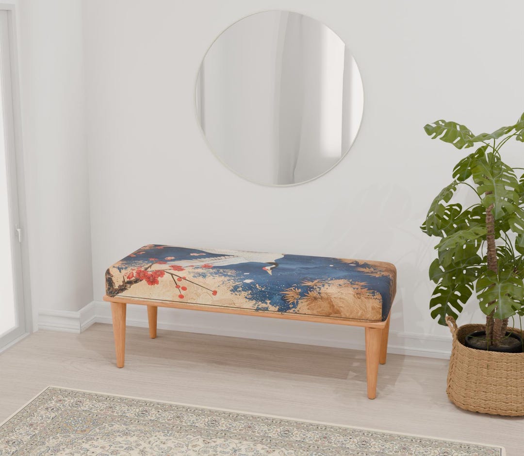 Bird Pattern Bench, Navy Blue Bench, Premium Bench, Bohemian Seating ...