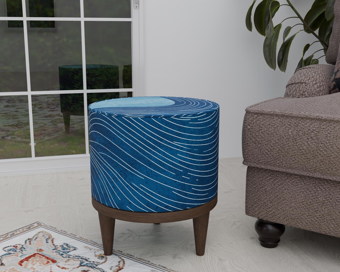 Blue Pouf Stool, Round Footstool, Vanity Bedroom Pouf, Striped Footrest ...
