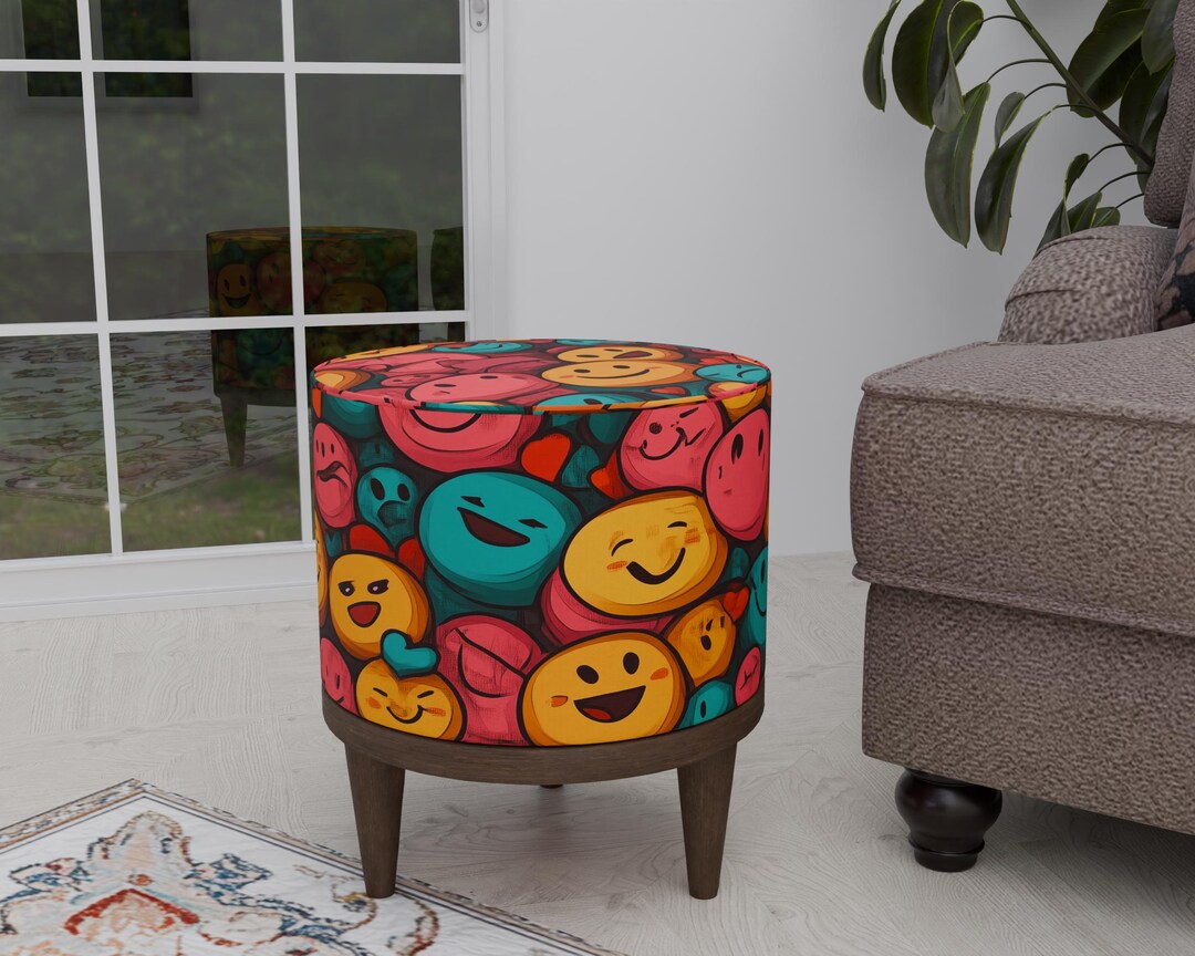 Smiley Print Stool, Modern Shoe Bench, Colorful Hall Pouf, Ottoman Pouf ...