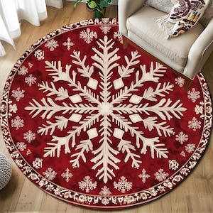 Snowflake Print Rug, Red Round Rug, Lovely Home Decoration, Stain ...