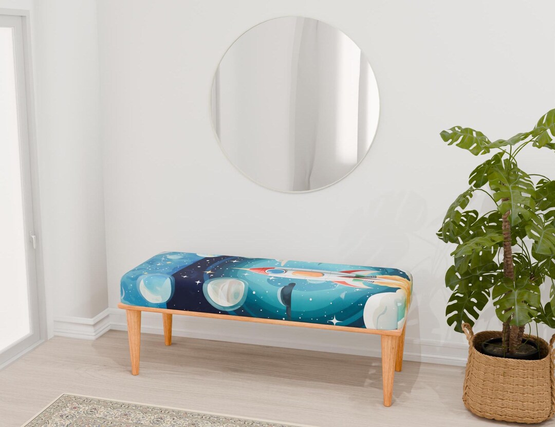 Upholstered Bench, Space Inspired Bench, Ottoman Bench Table, Blue ...