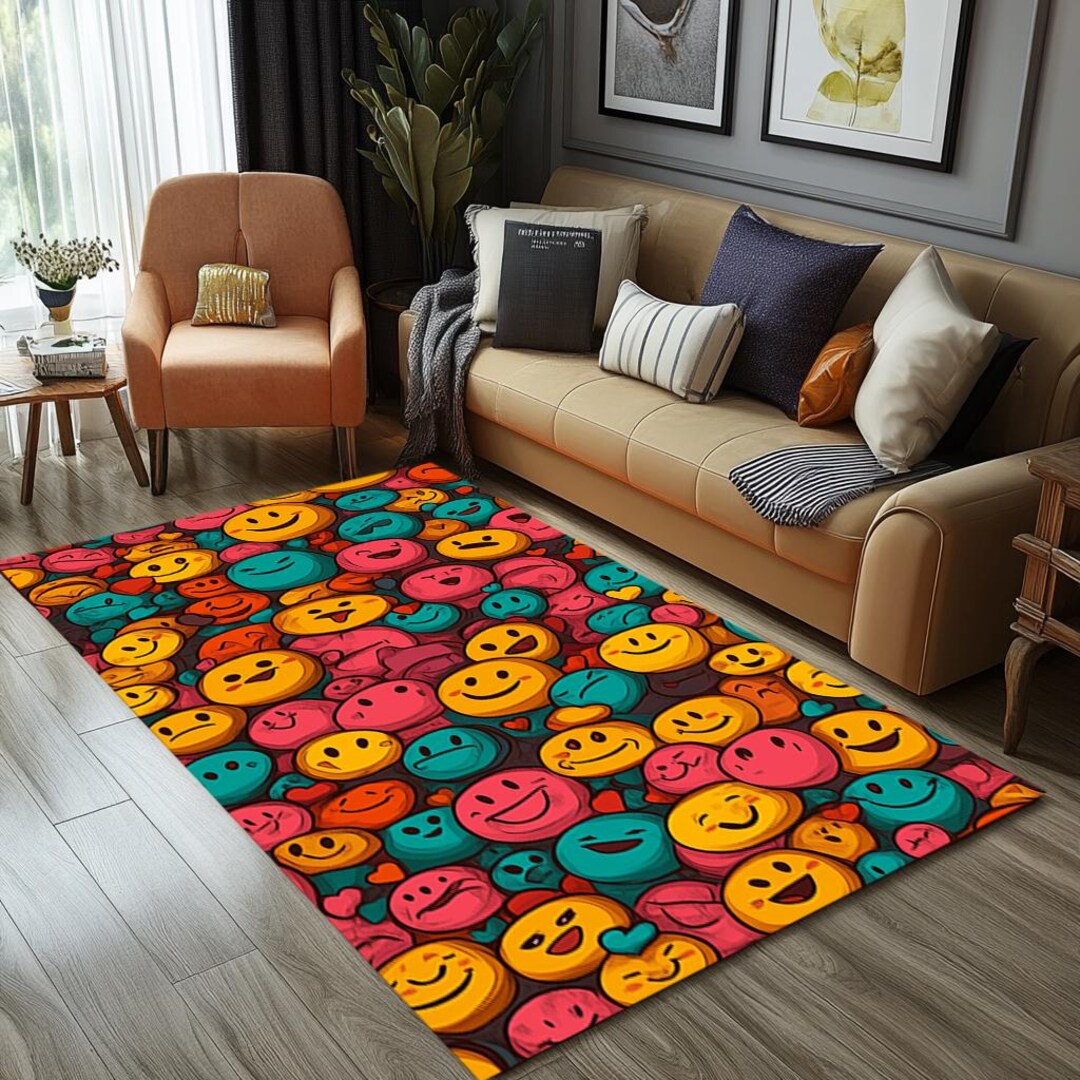 Vibrant Color Rug, Emoji Print Rug, Cute Design Rug, Modern Printed Rug ...