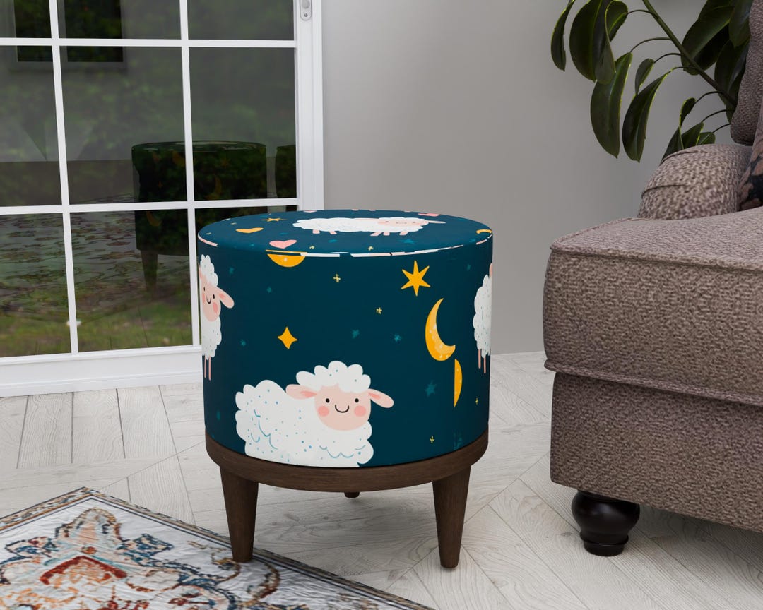 Sheep Print Footstool, Round Cozy Seating, Ottoman Organizer ...