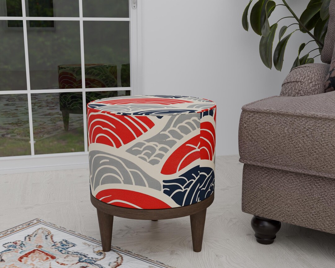 Abstract Design Pouf, Red Color Stool, Round Footstool, Printed ...