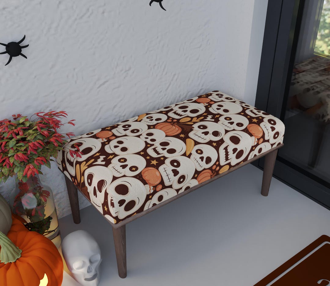 Bench With Skull, Boho Decor Bench, Pumpkin Stool, Fall Theme Bench ...