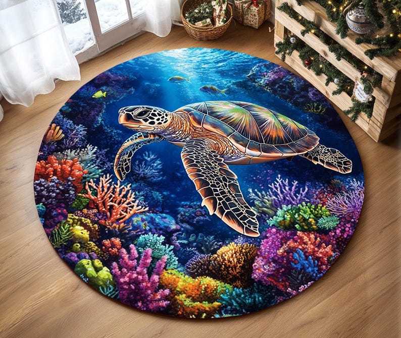 Ocean Themed Rug, Sea Turtle Print Rug, Round Rug, Pictorial Rug ...