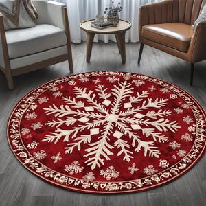 Snowflake Print Rug, Red Round Rug, Lovely Home Decoration, Stain ...