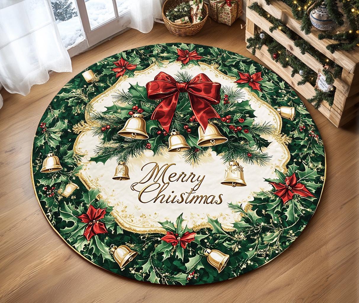Round Christmas Rug, Merry Christmas Print Rug, Living Room Rug ...
