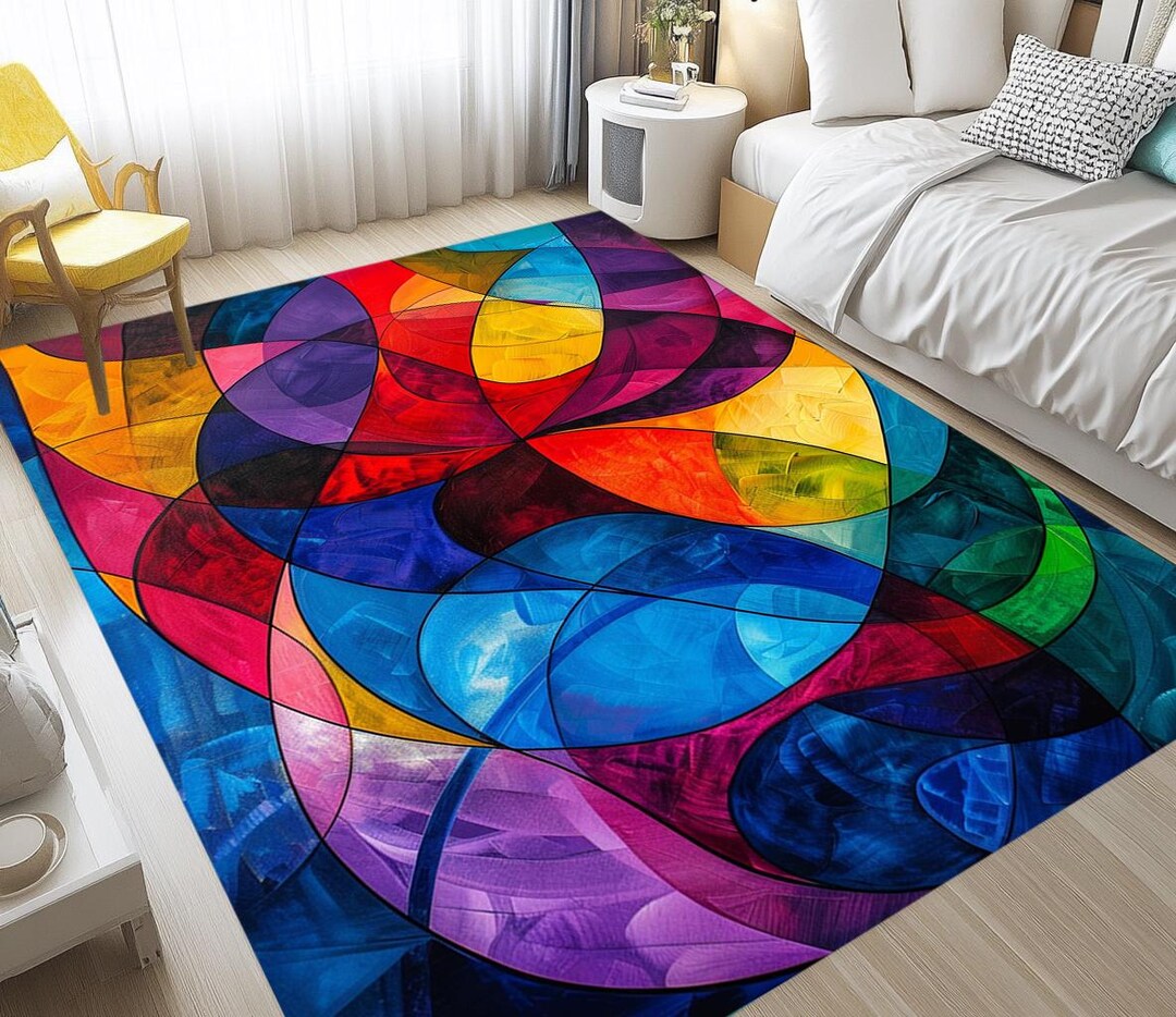 Colorful Abstract Circles Rug, Modern Bedroom Carpet, Washable ...