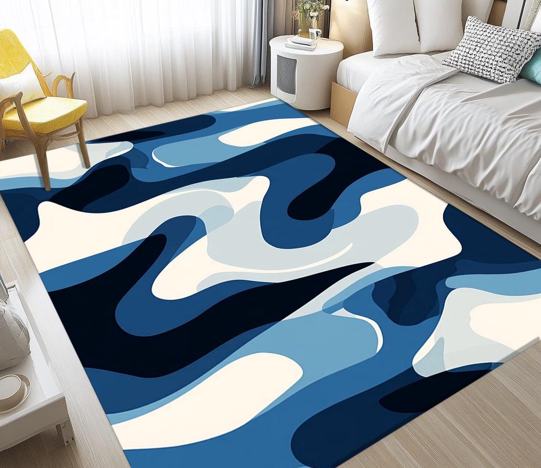 Blue Abstract Rug Modern Wave Pattern Area Rug for Living Room Navy and ...