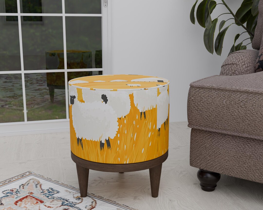 Yellow Round Stool, Farmhouse Footstool, Sheep Print Pouf Stool, Foyer ...