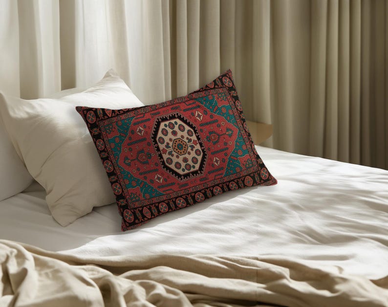 Rust Red Lumbar Pillow Cover With Teal Medallion Print for Sofa Decor ...