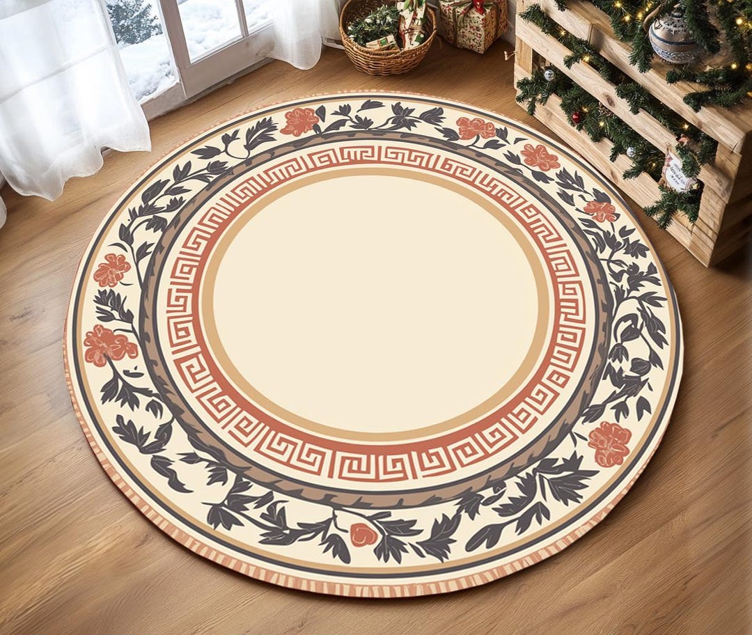 Low Pile Rug, Rustic Rug, Round Area Rug, Floral Rug, Bedroom Rug, Non ...
