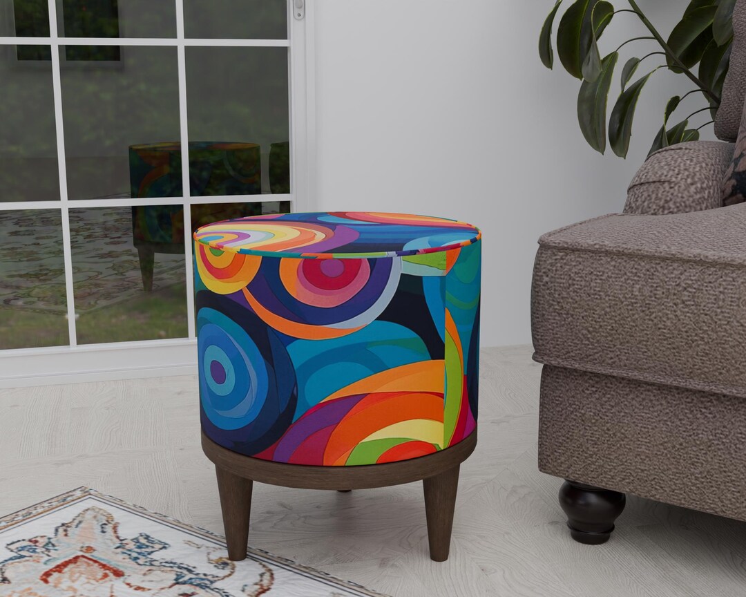 Blue Round Bench, Bedroom Footstool, Dressing Pouf, Ottoman Round Stool ...