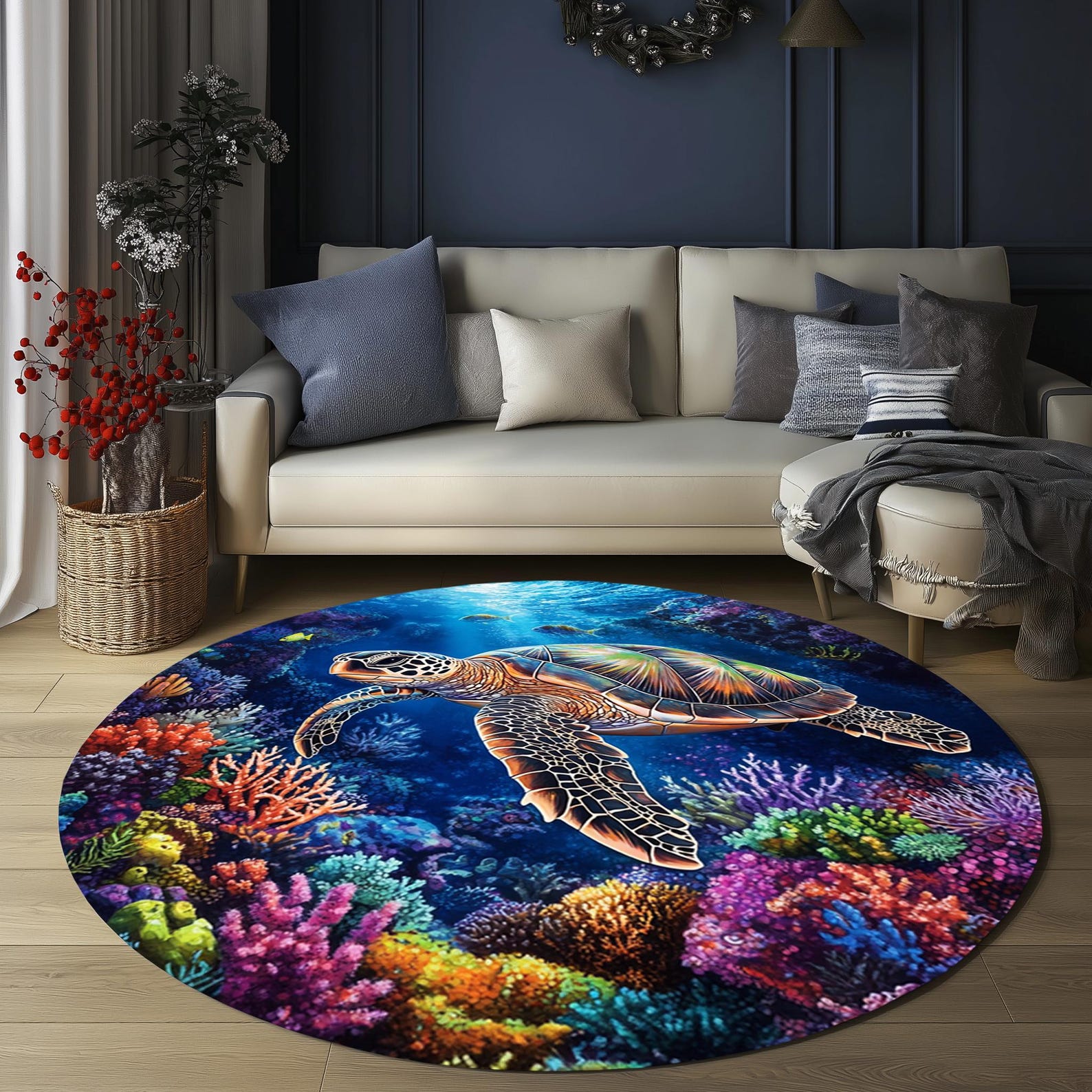 Ocean Themed Rug, Sea Turtle Print Rug, Round Rug, Pictorial Rug ...