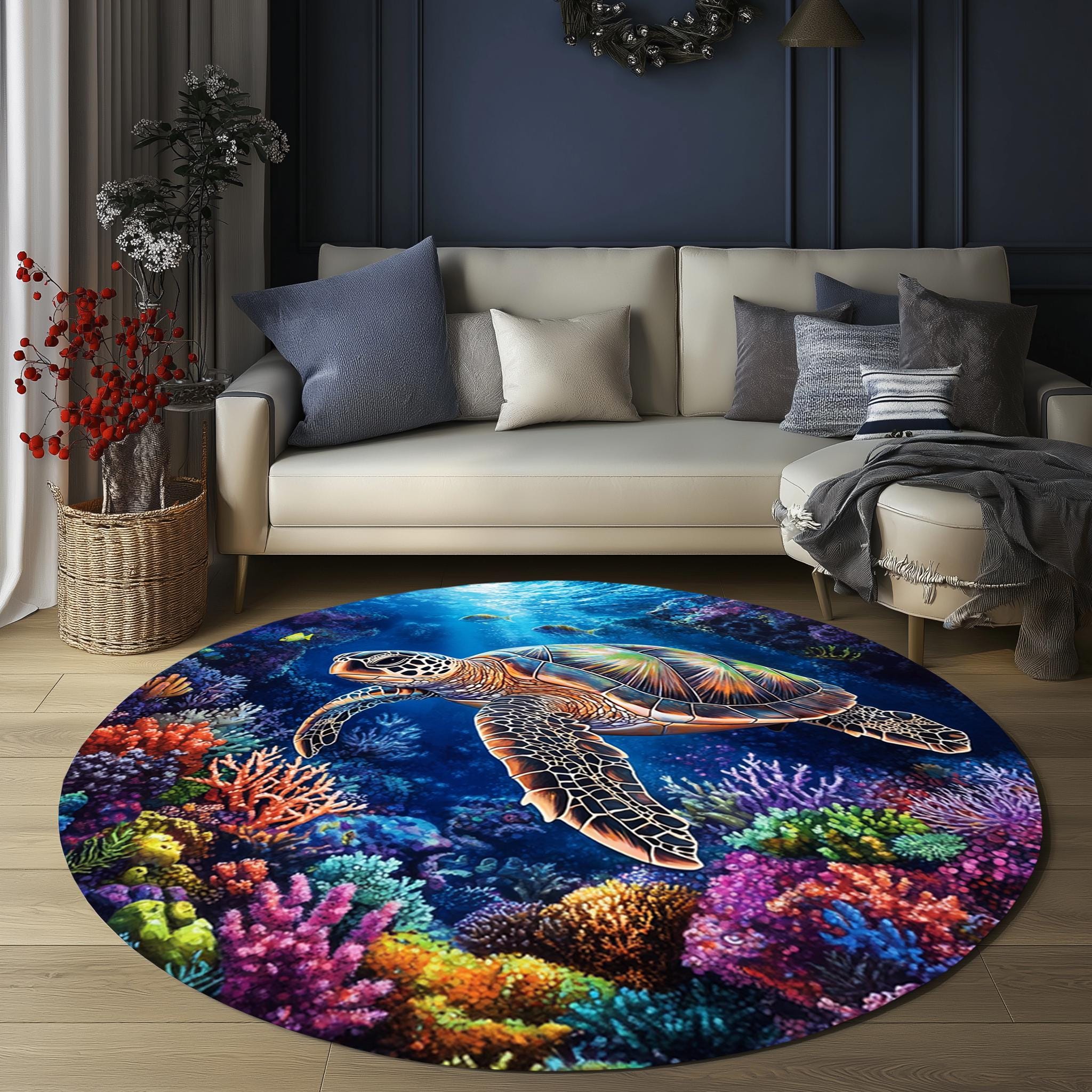 Ocean Themed Rug, Sea Turtle Print Rug, Round Rug, Pictorial Rug ...