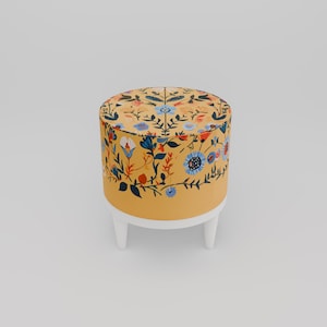 Yellow Footrest, Flower Motif Pouf, Vintage Style Stool, Bedroom Pouf ...