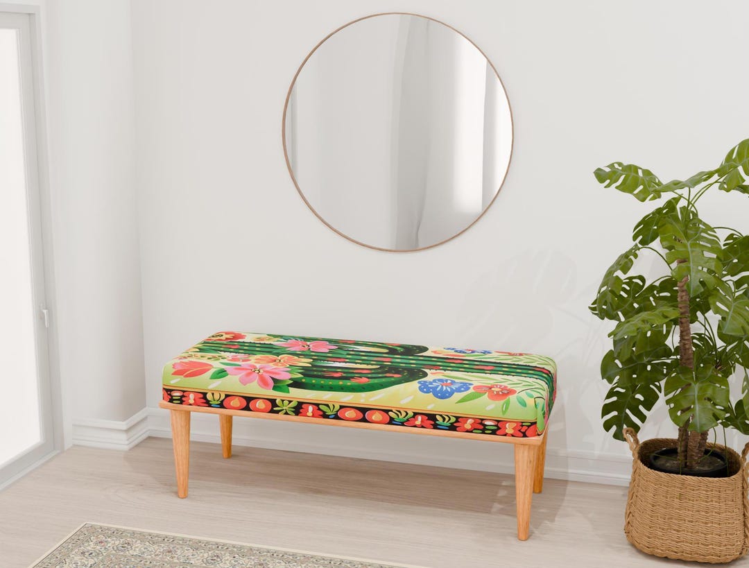 Cactus Print Bench, Greenery Bench, Textured Upholstery, Flower Motif ...