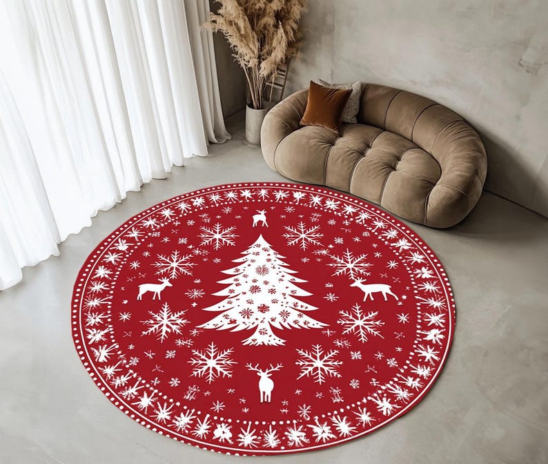 Red Round Rug, Modern Rug, Xmas Decoration, Contemporary Rug, Elegant ...
