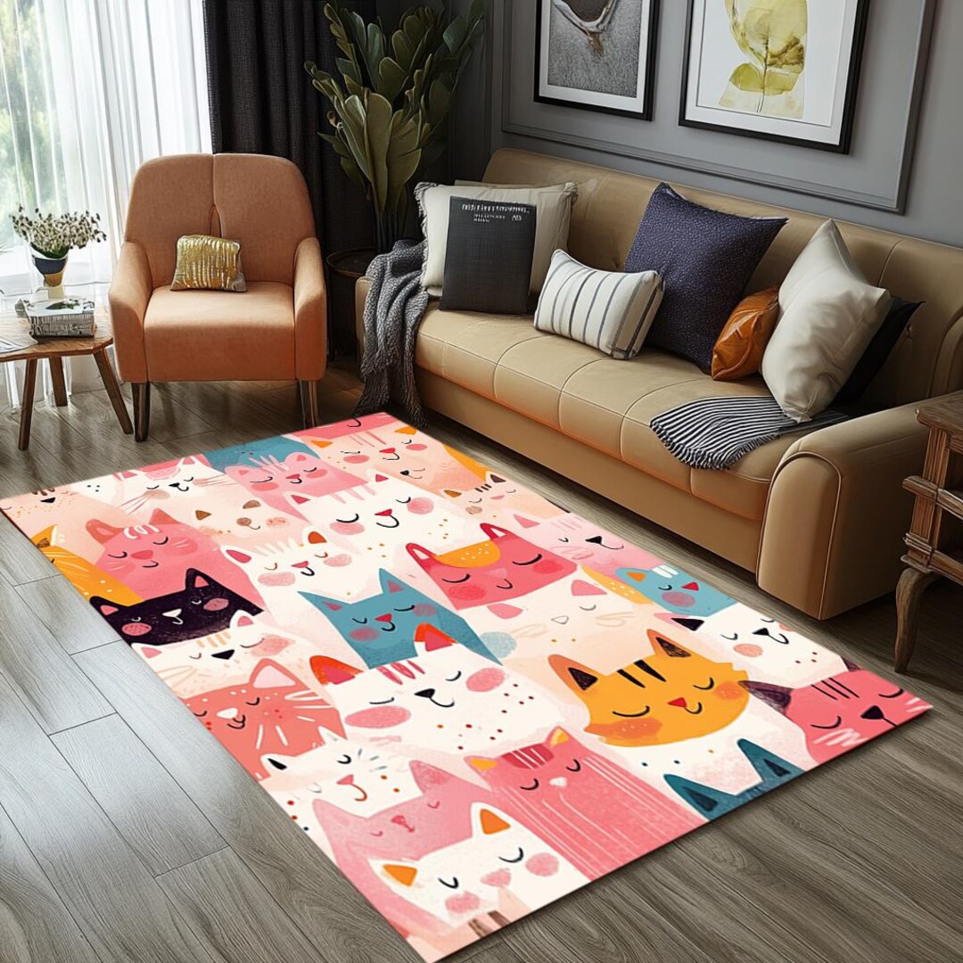 Lovely Print Rug, Rug With Cats, Animal Lovers Gift, Laundry Rug, Short ...