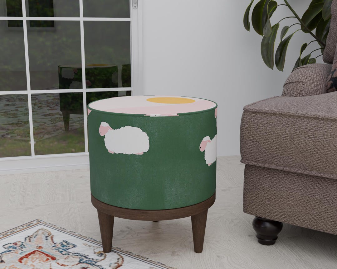 Sheep Print Pouf, Greenery Footstool, Round Designer Stool, Fairytale ...