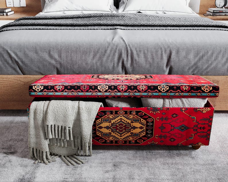 Red and Black Tribal Storage Chest, Geometric Rug Pattern Upholstered ...