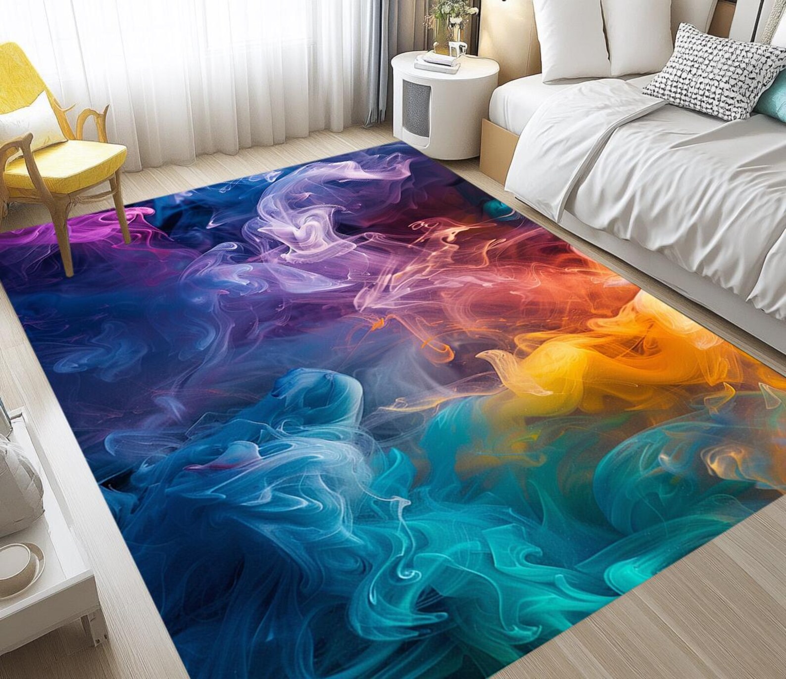 Colorful Smoke Pattern Rug, Modern Washable Bedroom Carpet, Artistic ...