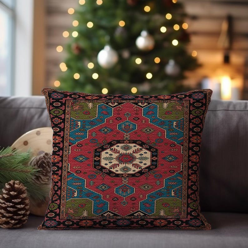 Red and Green Turkish Kilim Lumbar Pillow Cover, Double Sided Ethnic ...