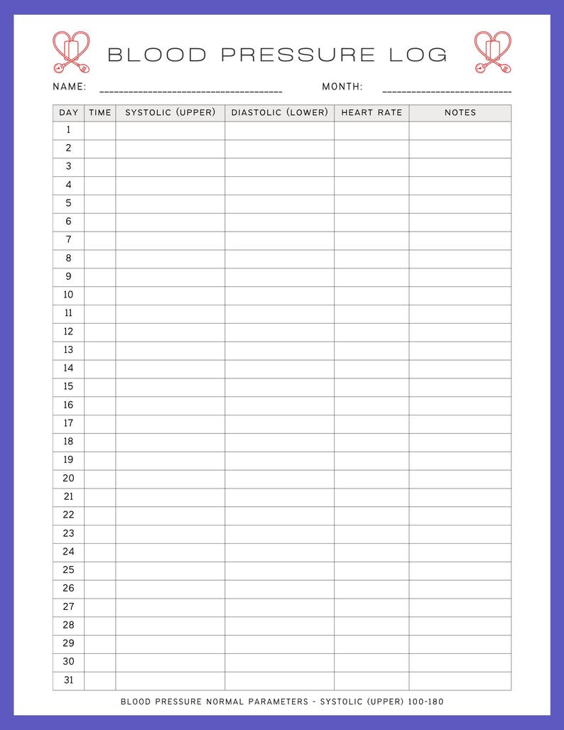 Blood Pressure Tracker Printable, Monthly Blood Pressure Tracker ...